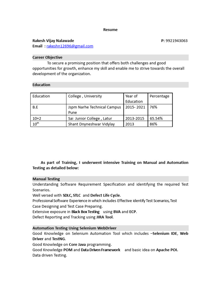 Rakesh Resume (Fresher) - 1 | PDF | Selenium (Software) | Software Engineering