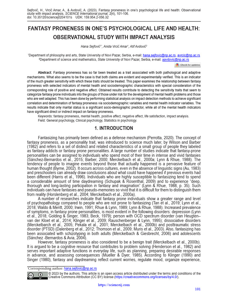 Fantasy Proneness in One's Psychological Life and Health Observational ...