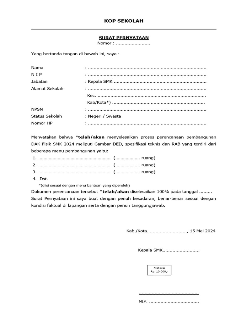 Surat Pernyataan DED RAB 2024 | PDF