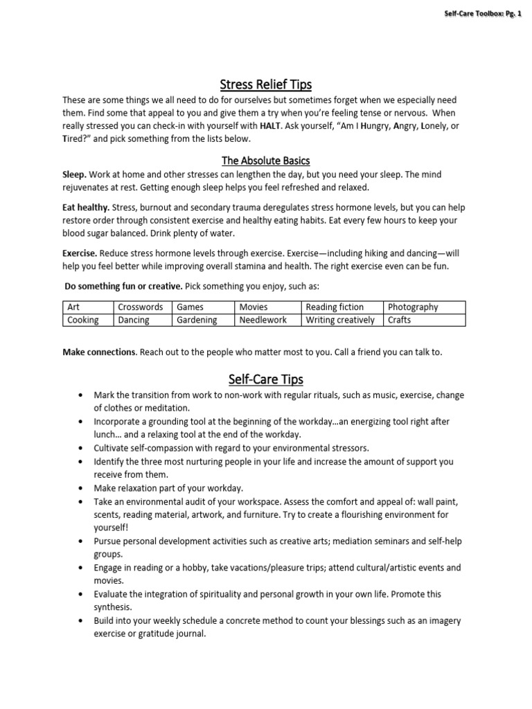 Self-Care Toolbox Handout | PDF | Stress (Biology) | Sleep