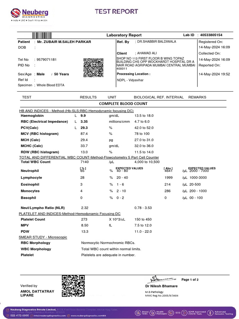 Blood Test Report for Mr. Zubair M. Saleh | PDF | White Blood Cell ...