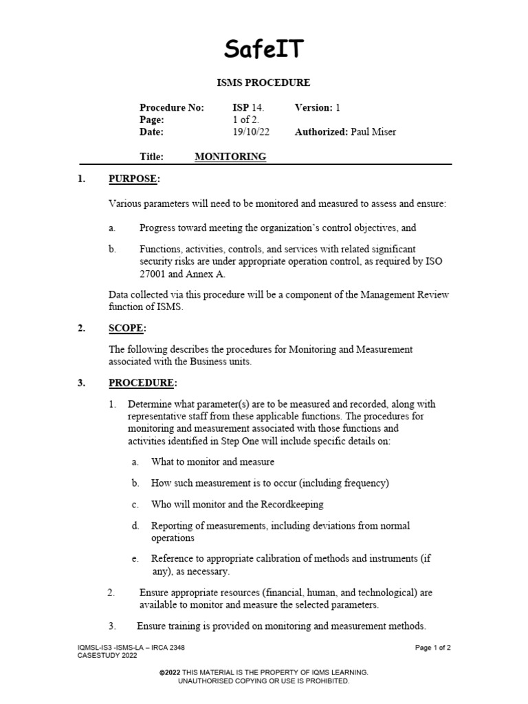 ISMS Monitoring Procedure Overview | PDF | Regulatory Compliance ...