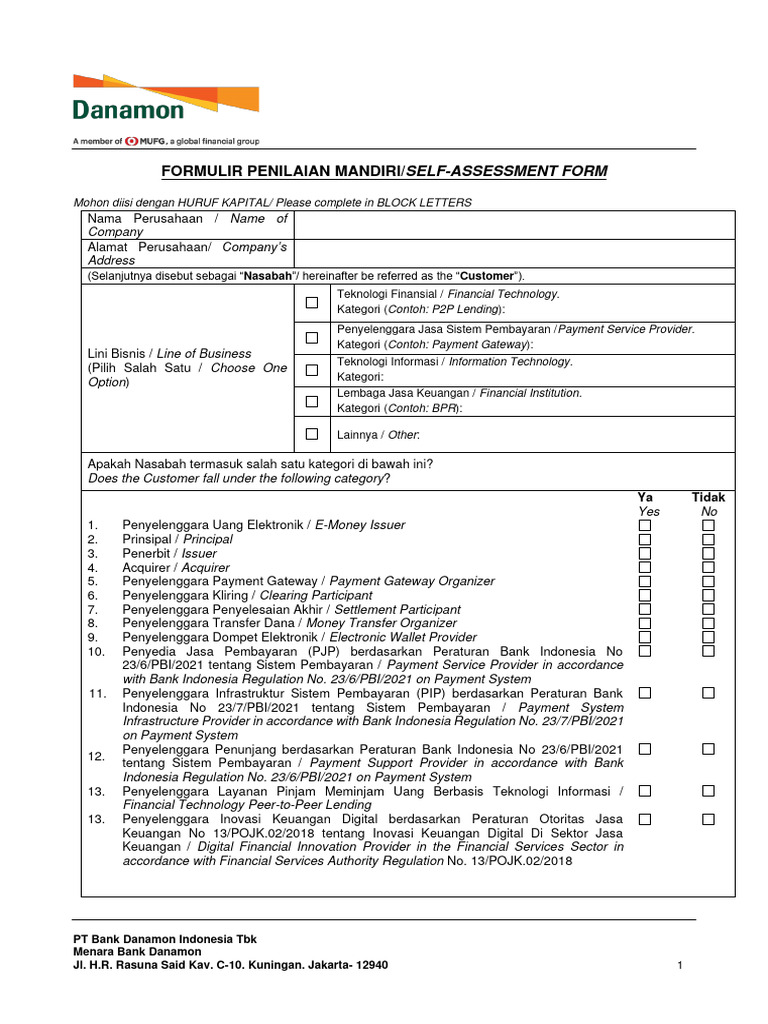 Formulir Self Assessment API Central | PDF