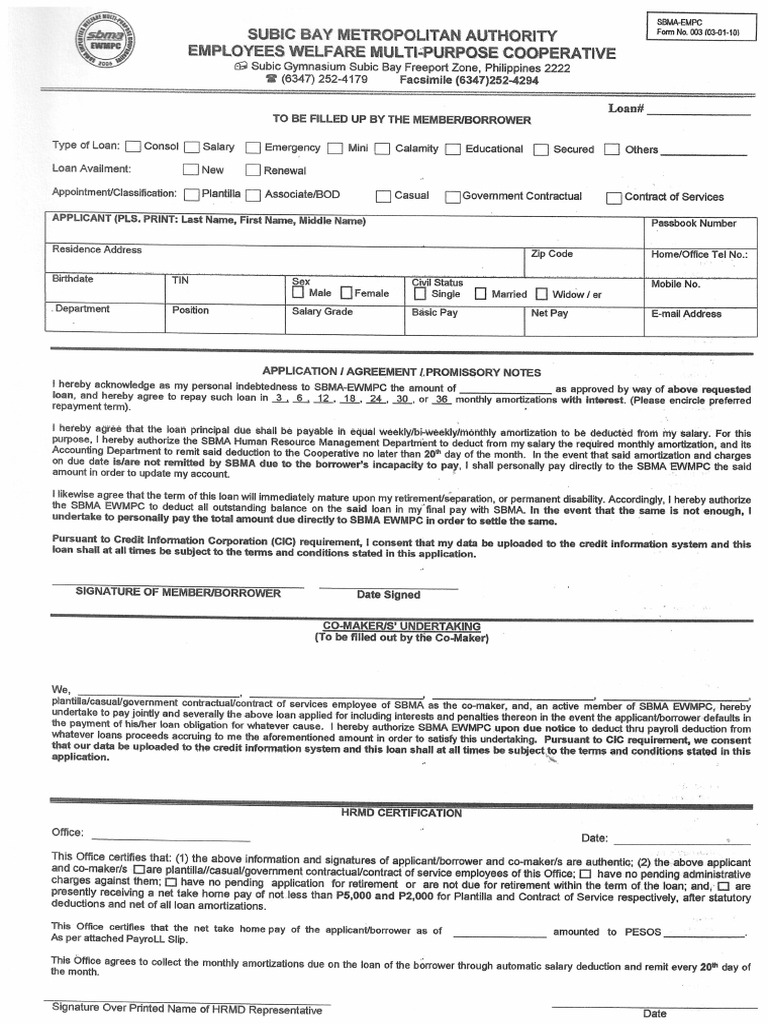 SBMA Coop Loan Form | PDF