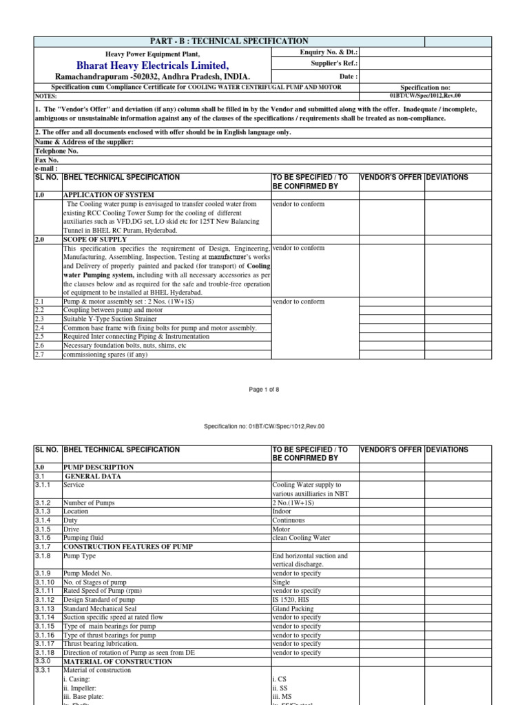 BHEL Cooling Water Pump Specification | PDF | Pump | Specification ...