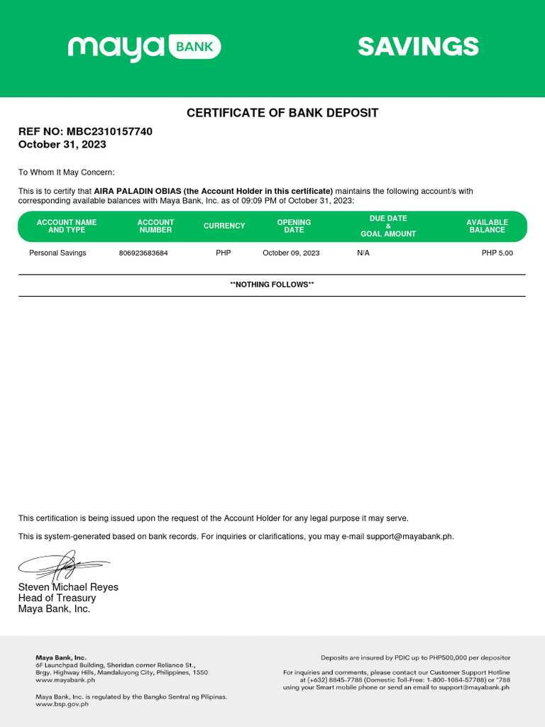 Certificate of Bank Deposit for Aira Obiás | PDF