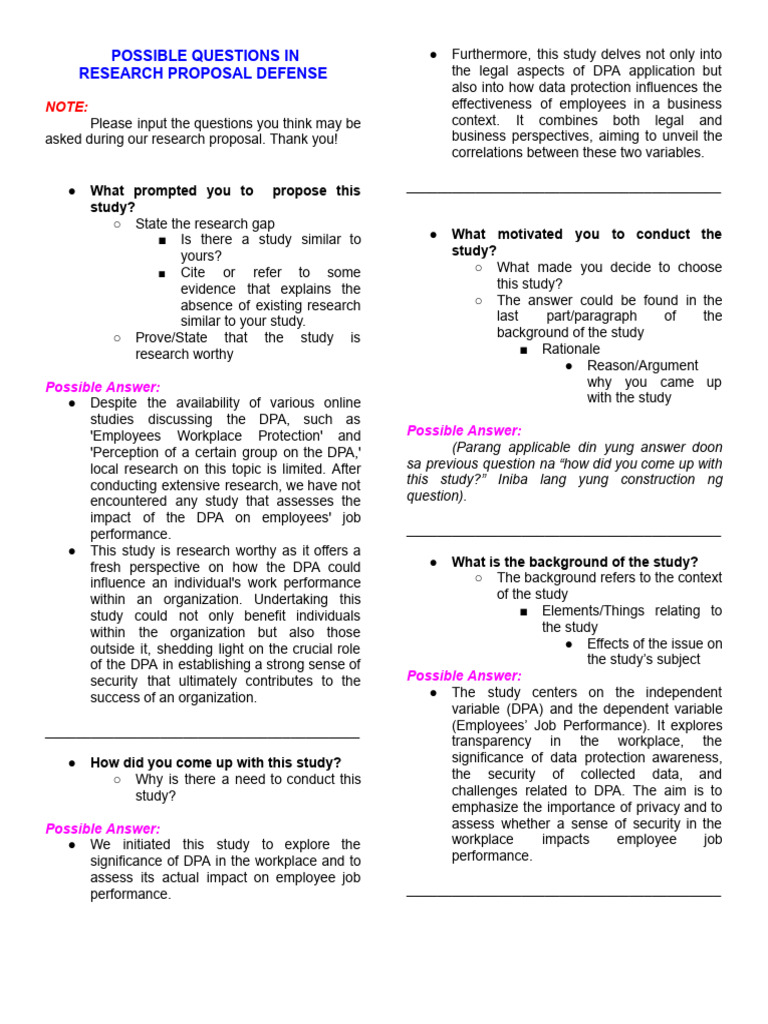 Possible Questions in Research Proposal Defense | PDF | Employment ...