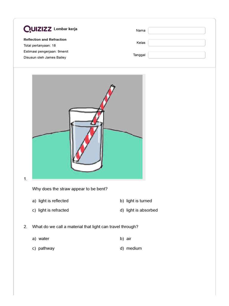 Reflection and Refraction - Quizizz | PDF | Reflection (Physics) | Refraction
