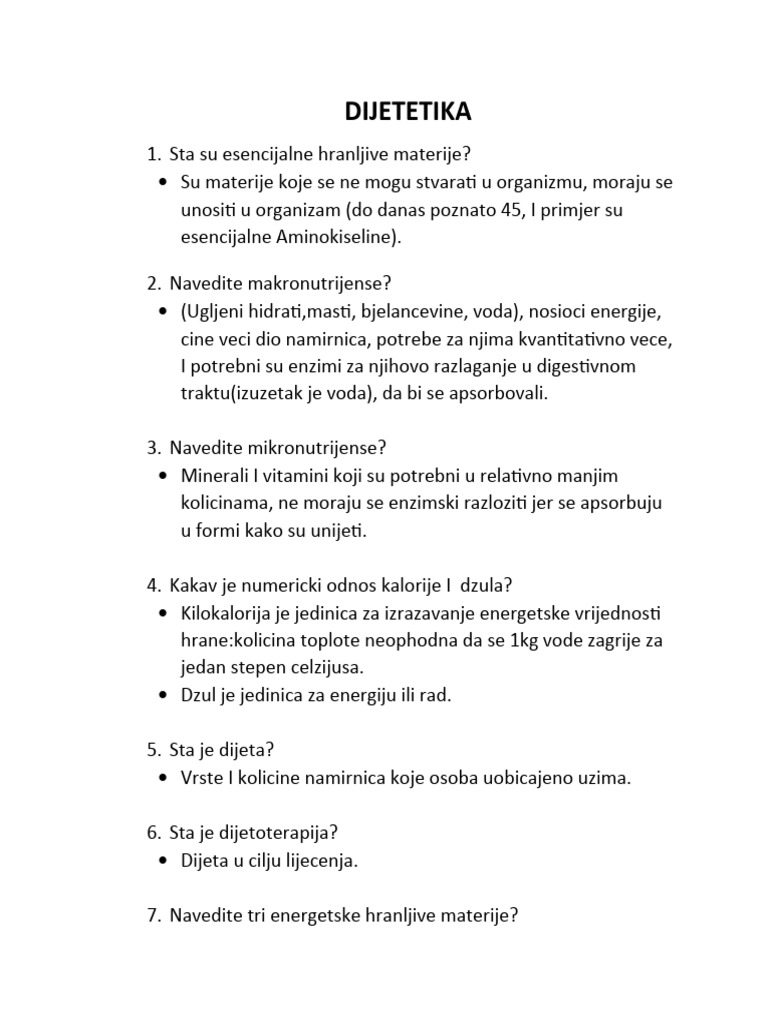 Odgovori Dijetetika (1) Skripta Mini | PDF
