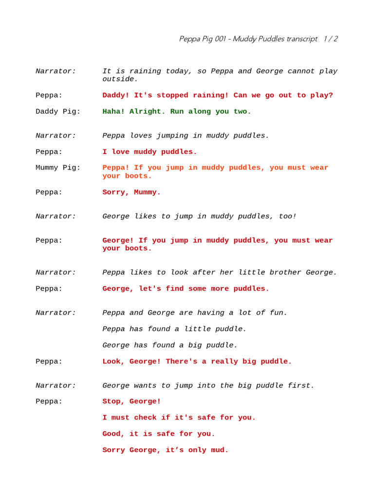 Peppa Pig 001 - Muddy Puddles (Transcript) | PDF