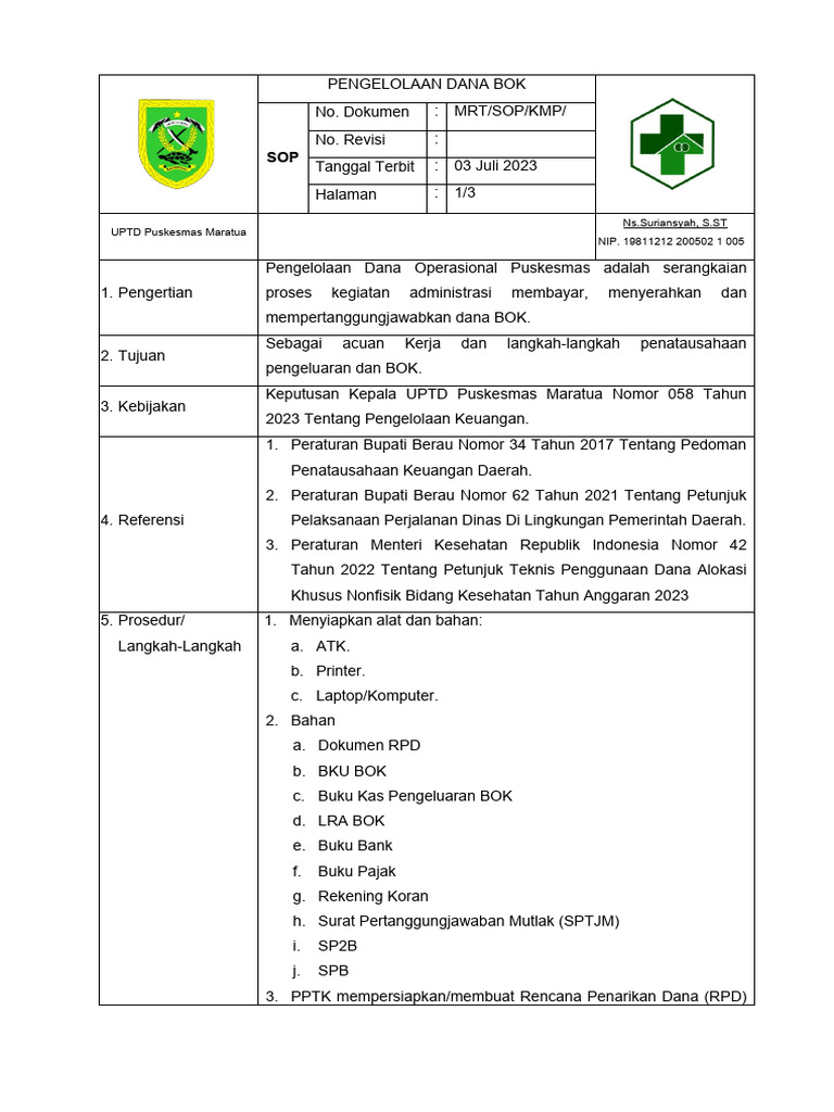 SOP Pengelolaah Dana BOK PKM Maratua | PDF
