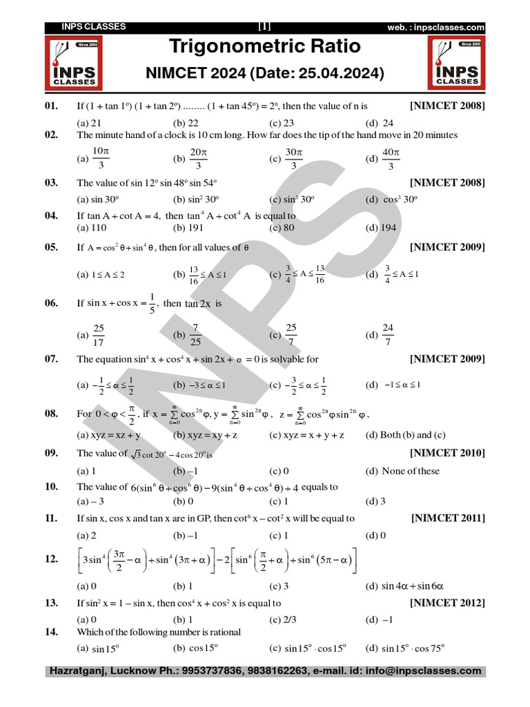 Trigonometric Ratio Practice Sheet | PDF | Trigonometric Functions | Circle