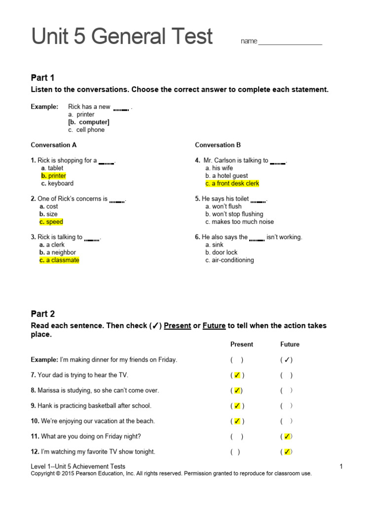 Top Notch 1 Unit 5 Assessment | PDF