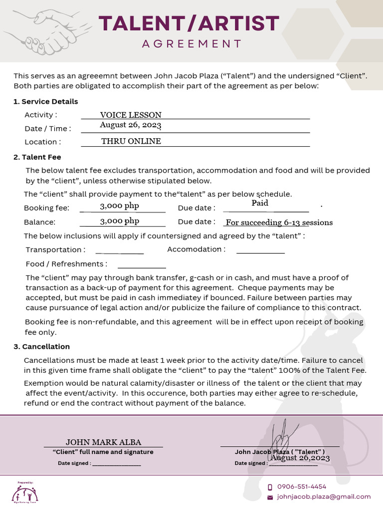 Jacob Talent Contract | Download Free PDF | Payments | Fee