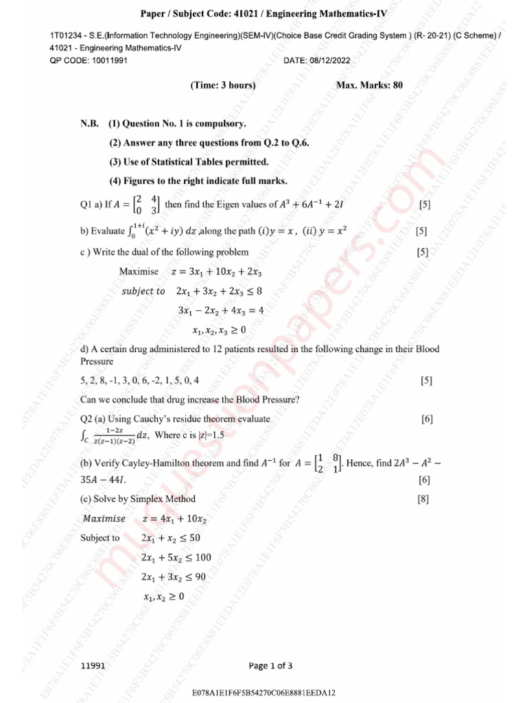 Be - Information Technology - Semester 4 - 2022 - December - Engineering Mathematics IV Rev 2019 ...