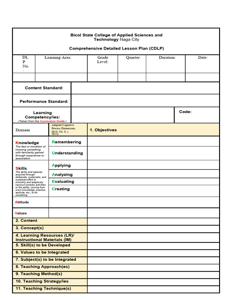 Comprehensive Detailed Lesson Plan (CDLP) Format | PDF | Learning ...