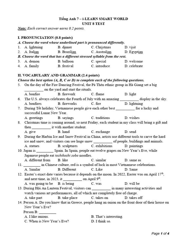 Unit 8 Test for Tiếng Anh 7 | PDF | Observances