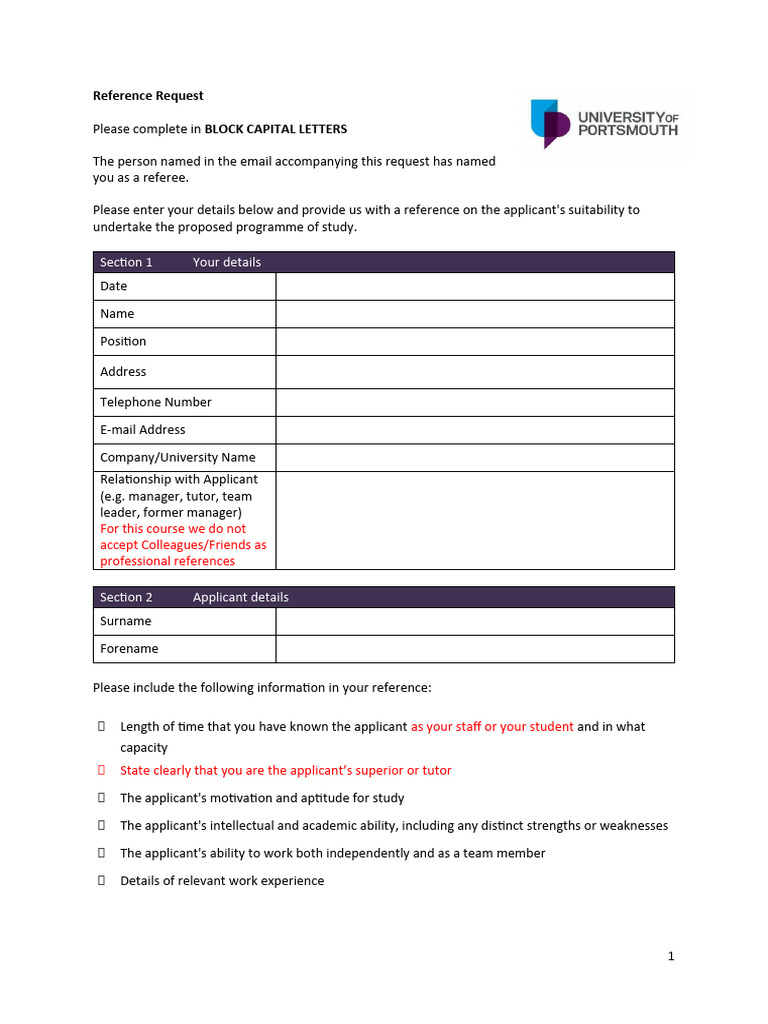 Reference Request Form - University of Portsmouth | PDF | Career & Growth