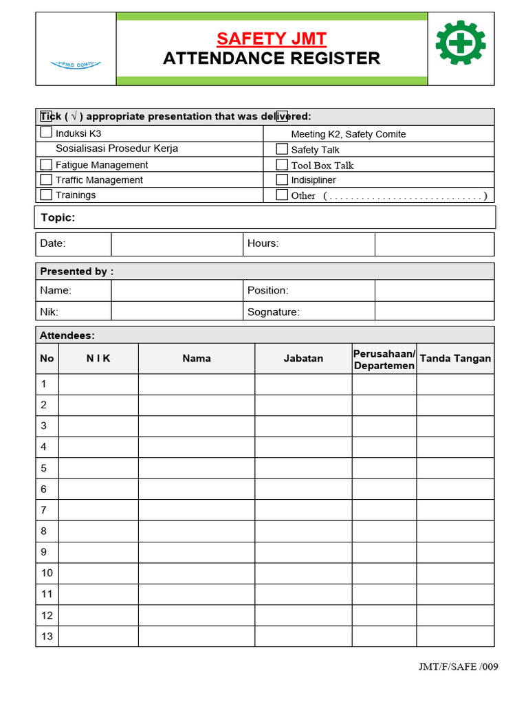 Safety Training Attendance Register | PDF