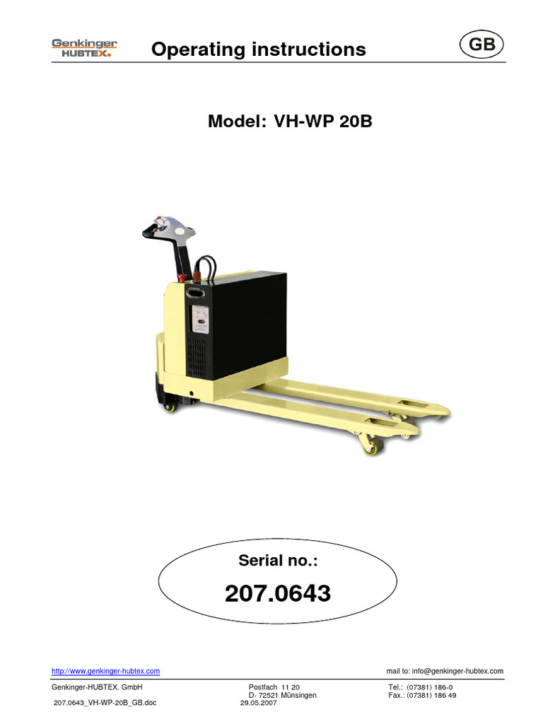 Operating Instructions: Model: VH-WP 20B | PDF | Truck | Safety