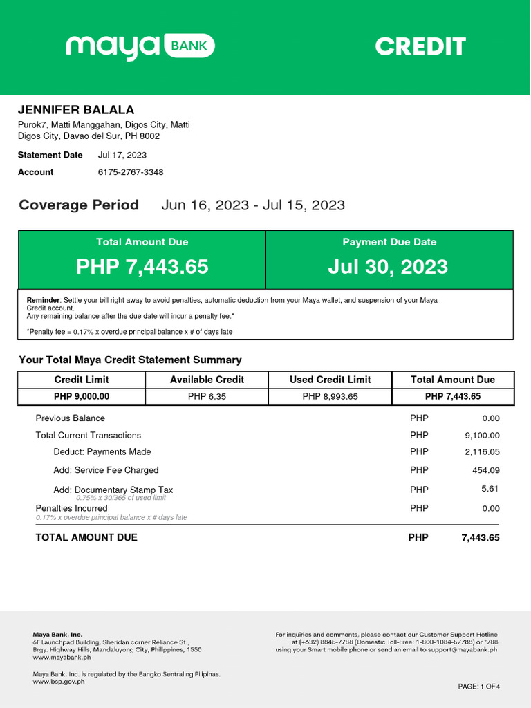 Maya Credit Statement Summary | PDF | Fee | Taxation