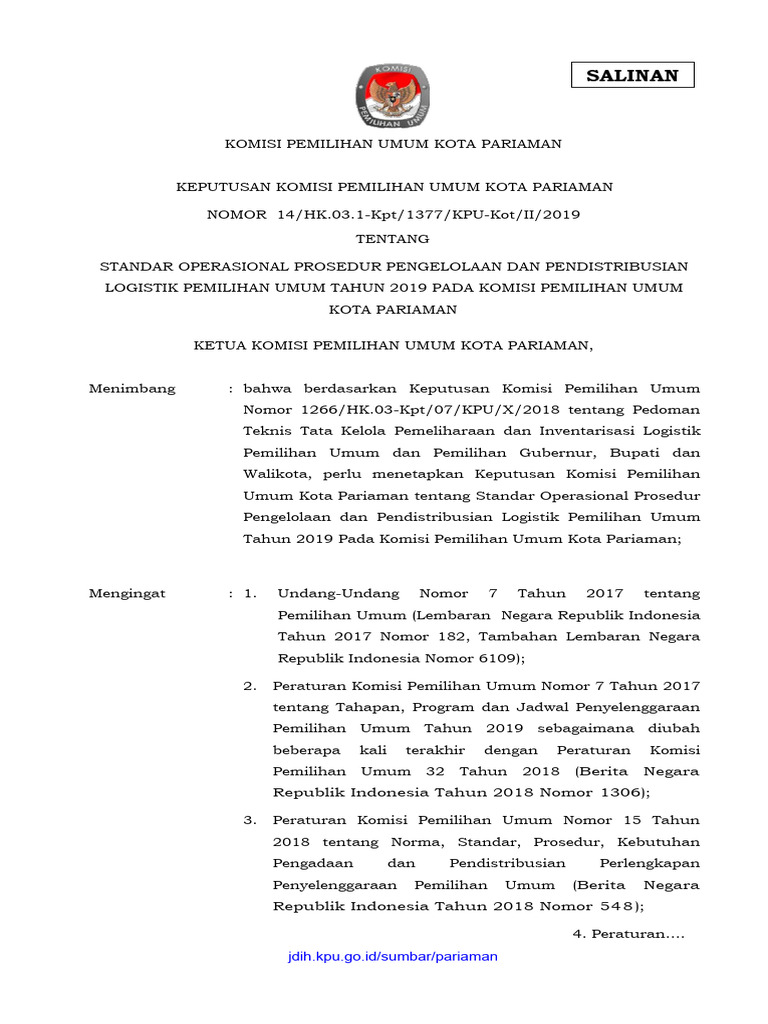 Kep Kpu-Kot 14 Tahun 2019 Salinan | PDF | Pengelolaan Keuangan & Uang | Hukum