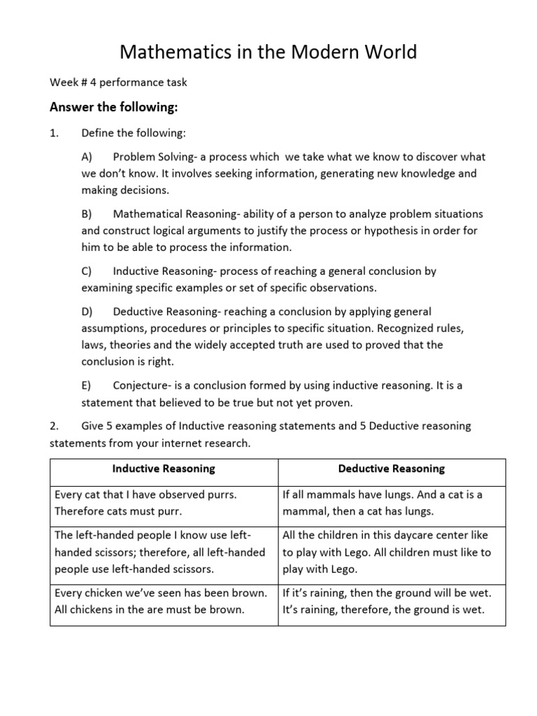 MMW Week 4 Performance Task | PDF | Reason | Inductive Reasoning