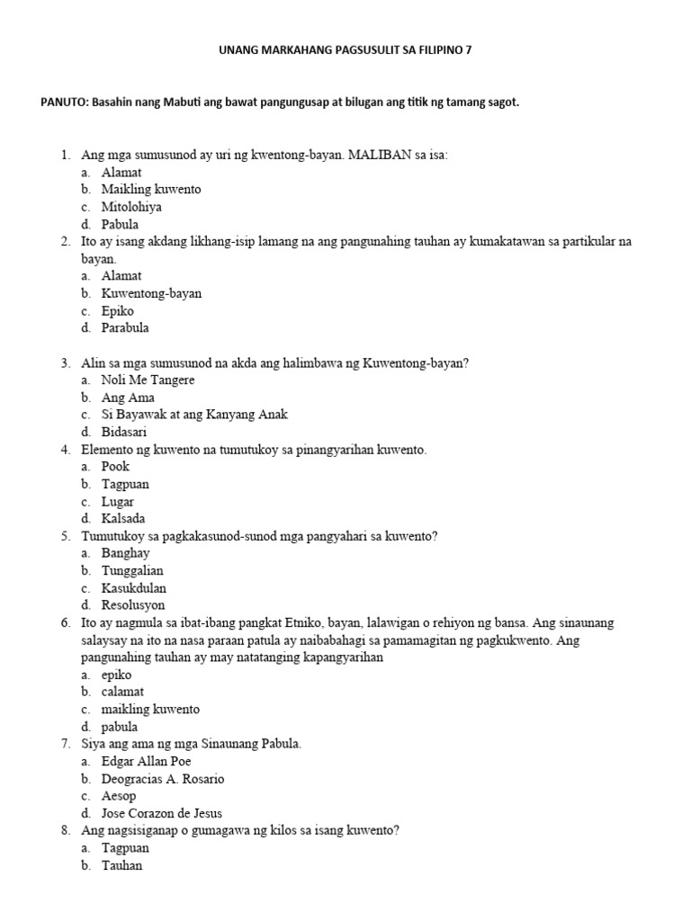 Filipino 7 1ST Monthly Exam | PDF
