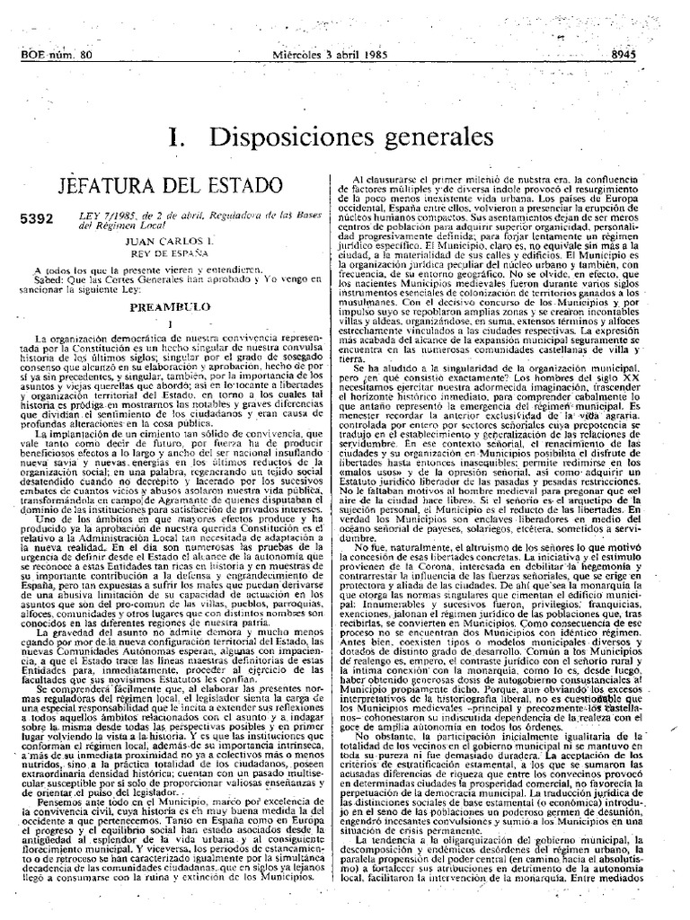 Ley 7-1985 Del 2 de Abril | Descargar gratis PDF | Estado (política ...