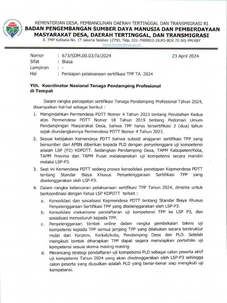 Surat Persiapan Sertifikasi TPP April 2024 | PDF