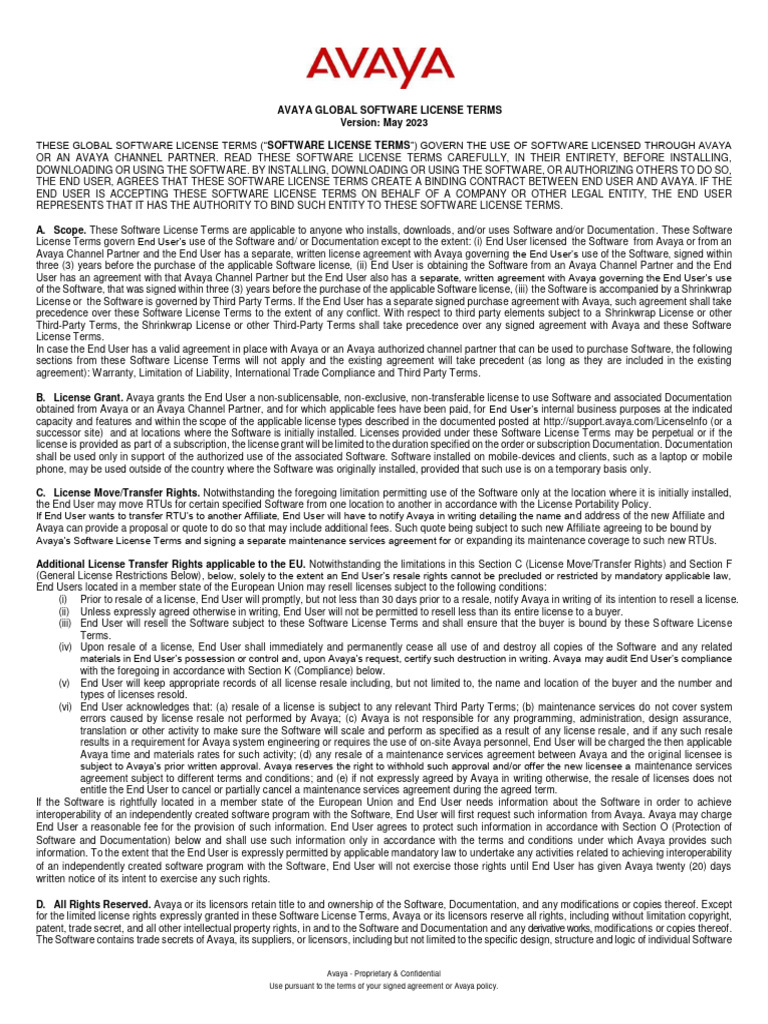 Avaya Global Software License Terms 052023 | PDF | License | Arbitration