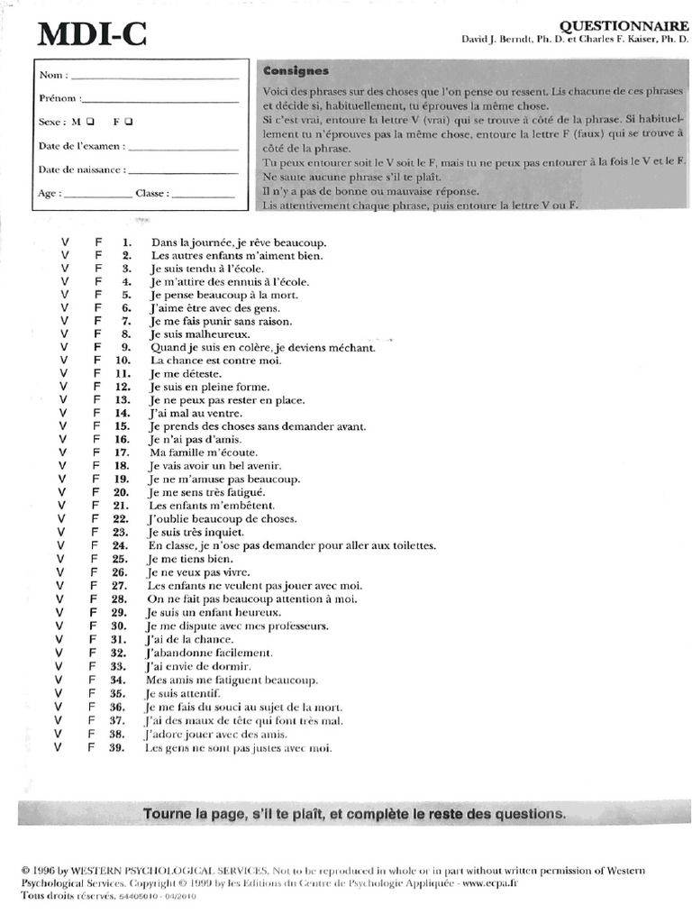 MDIC (Auto-Questionnaire Dépression) | PDF