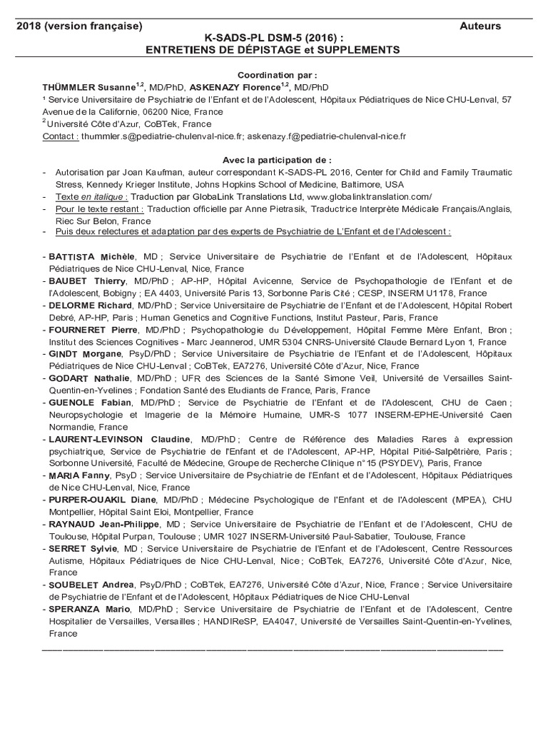 K-SADS Dépistage TB Psy | PDF