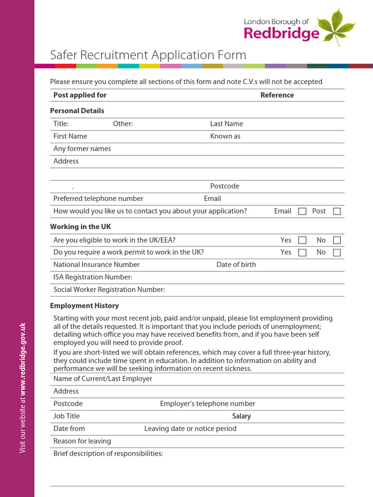 Safer Recruitment Application Form Template | PDF | Criminal Record