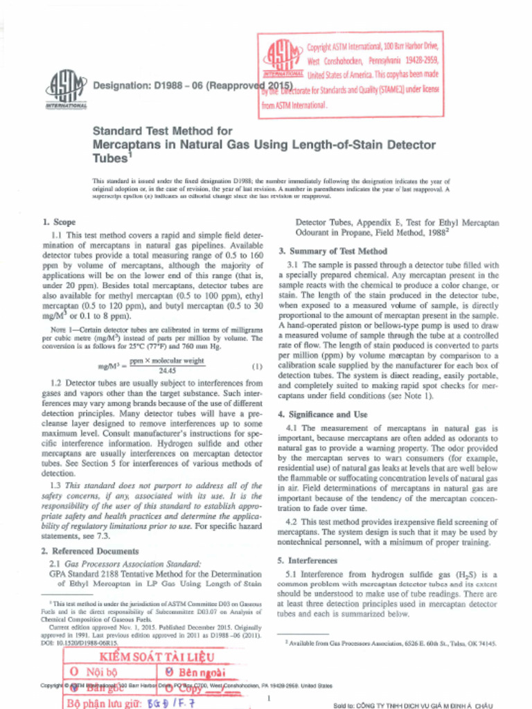 ASTM D1988-06 (Reapproved 2015) Standard Test Method For Mercaptans in ...