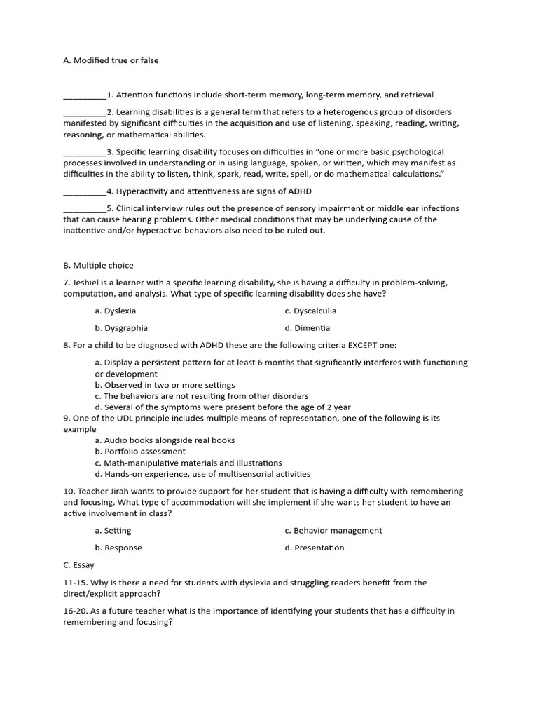 Quiz in Ed | PDF | Learning Disability | Attention Deficit ...