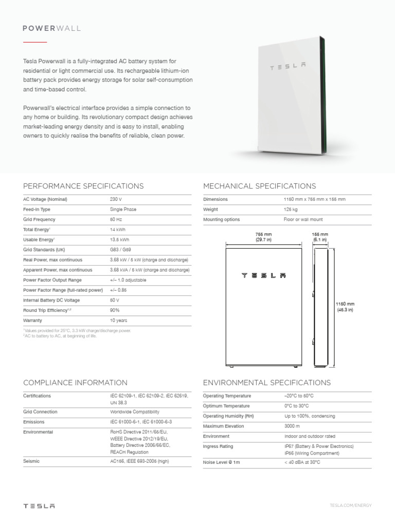 Powerwall 2 AC Datasheet en GB | Download Free PDF | Alternating ...