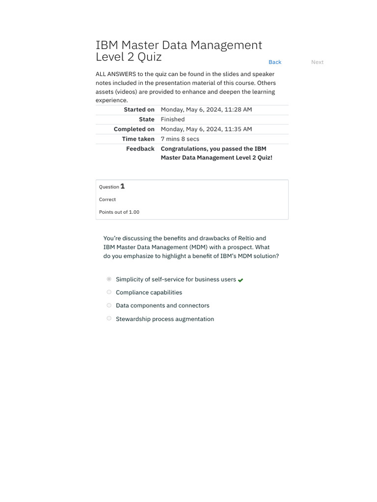 IBM Master Data Management Level 2 Quiz - Attempt Review | PDF | Cloud Computing | Computing