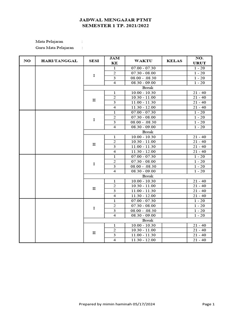Format Jadwal Mengajar | PDF