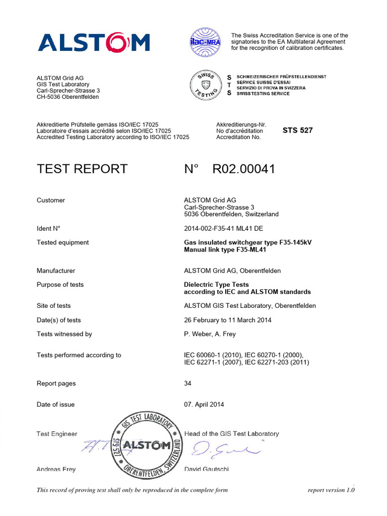 Dielectric Test Report for F35-145kV Switchgear | PDF | International ...