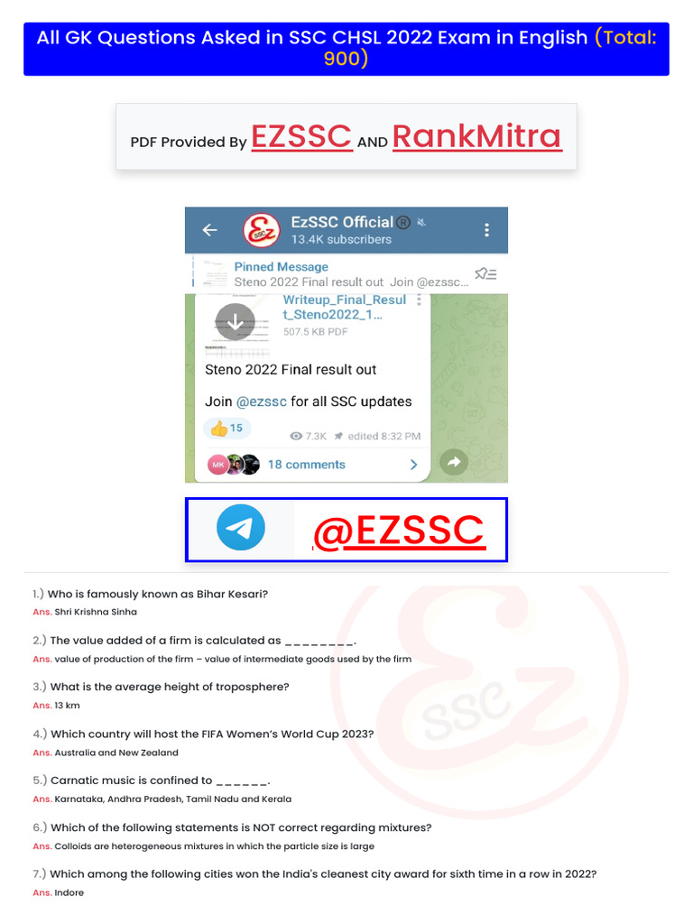 SSC CHSL 2022 General Awareness in English One Liner | PDF