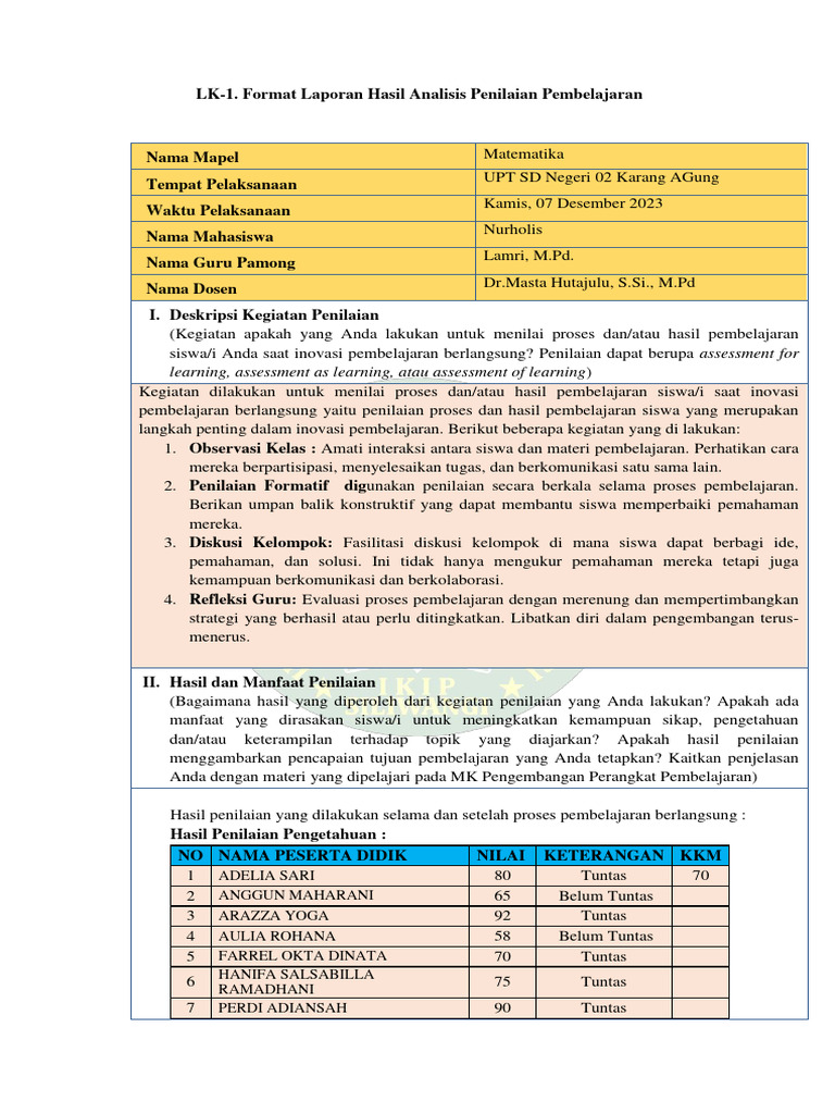 Contoh LK 1 PPL. Format Hasil Asesmen Pembelajaran | PDF