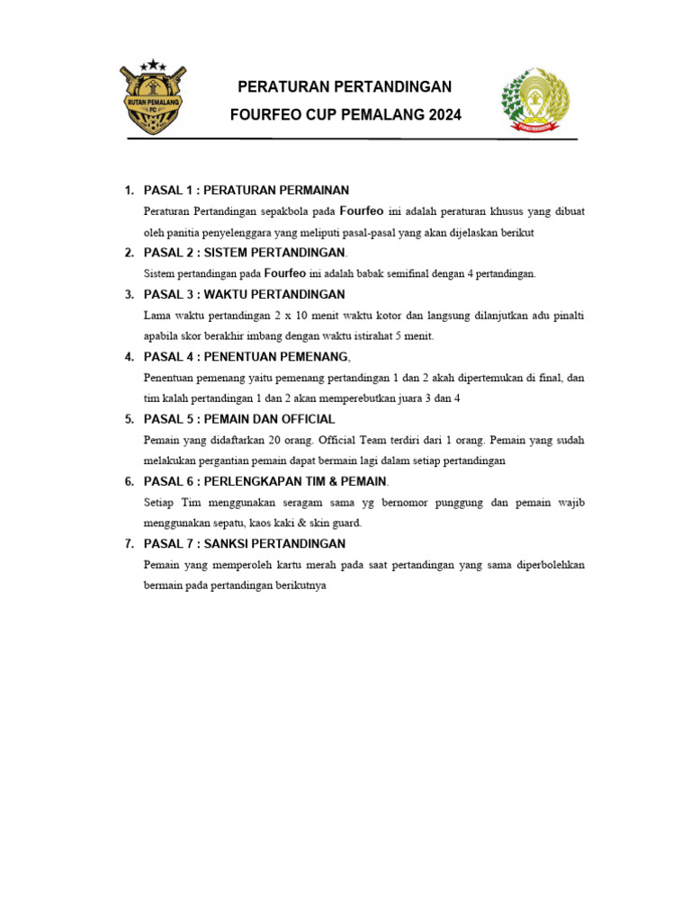 Peraturan Fourfeo Cup Pemalang 2024 | PDF