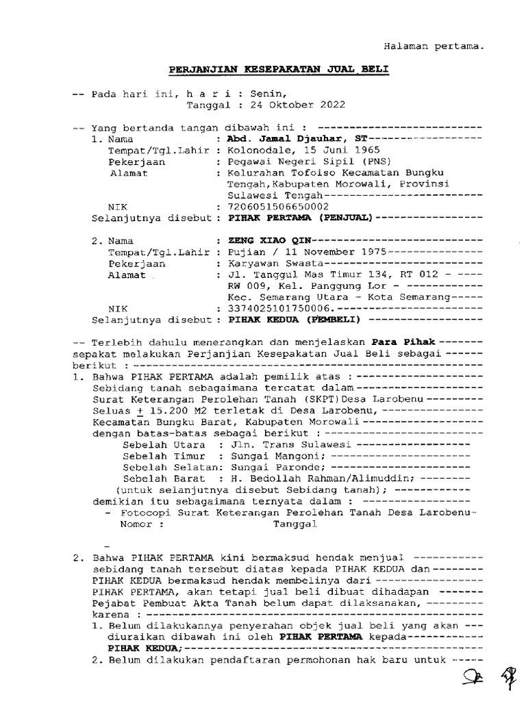 SURAT KESEPAKATAN JUAL BELI _ | PDF