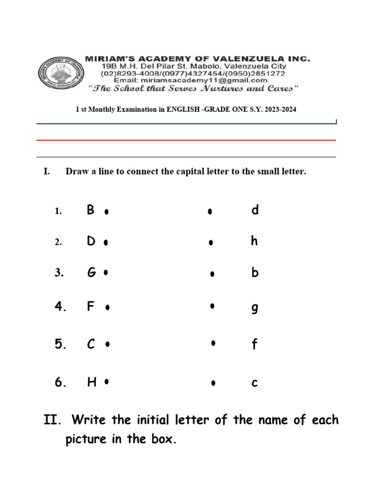 1 ST Monthly Examination in ENGLISH GRADE 1 2023 24 | PDF | Language ...