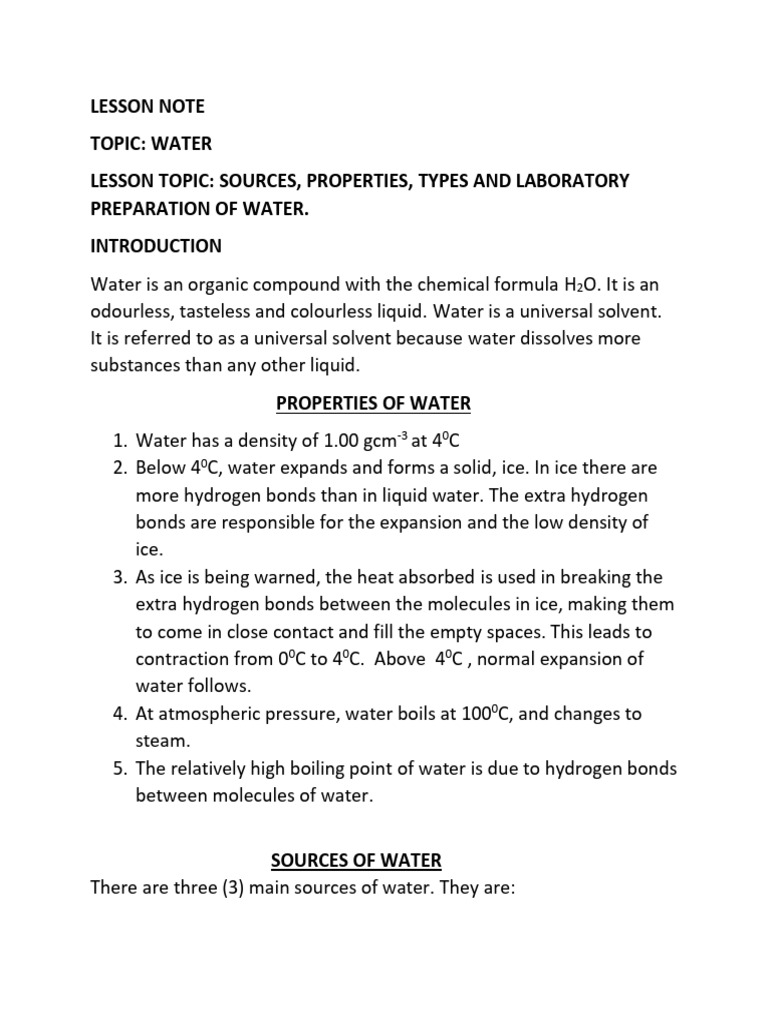 Lesson Note On Water | PDF | Water | Sodium Carbonate