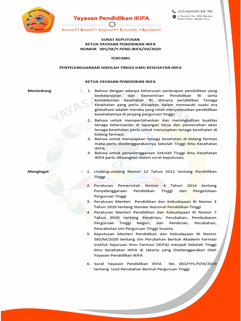 001 SK Penyelenggaraan STIKES IKIFA 1 | PDF | Kesehatan Holistik