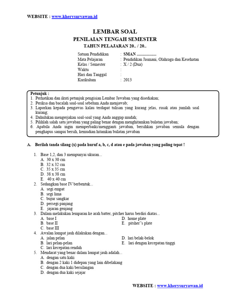 Soal Penilaian Tengah Semester PJOK Kelas X | PDF