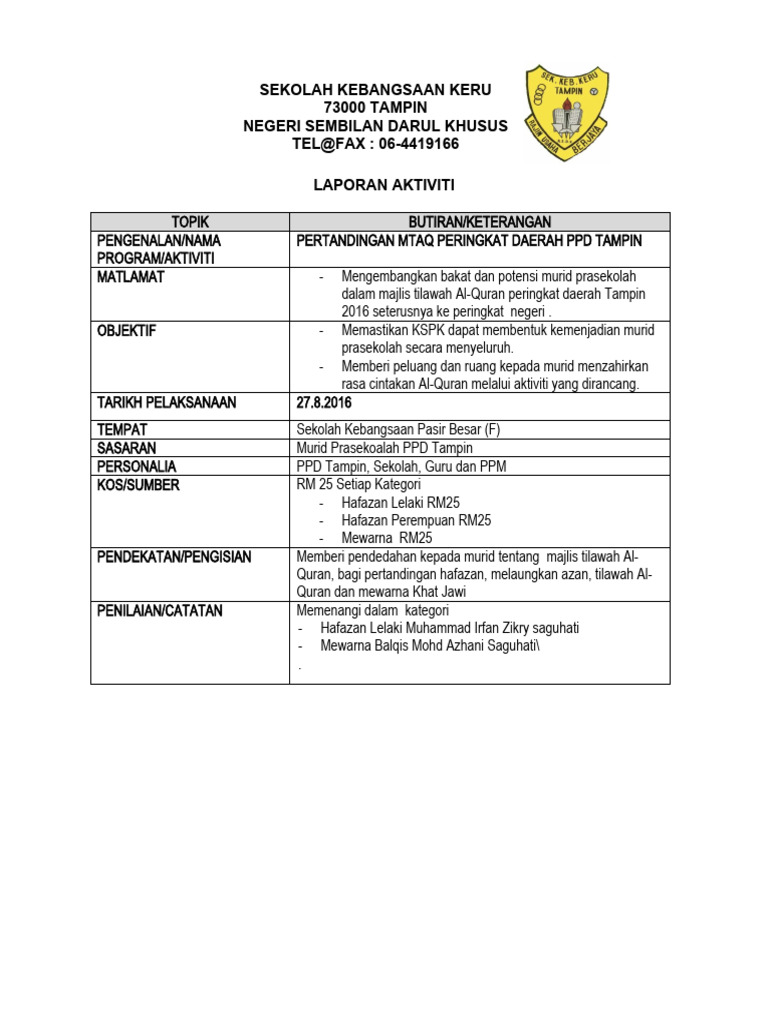 Laporan Aktiviti Program Pertandingan Mtaq | PDF