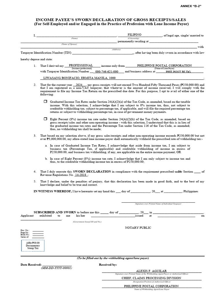 SWORN BIR Annex B-2 RR 11-2018 | PDF | Income Tax | Taxes